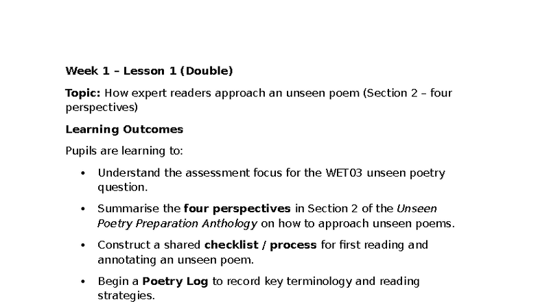 G12 Poetry Lesson Plans - Week 1 – Lesson 1 (Double) Topic: How expert ...