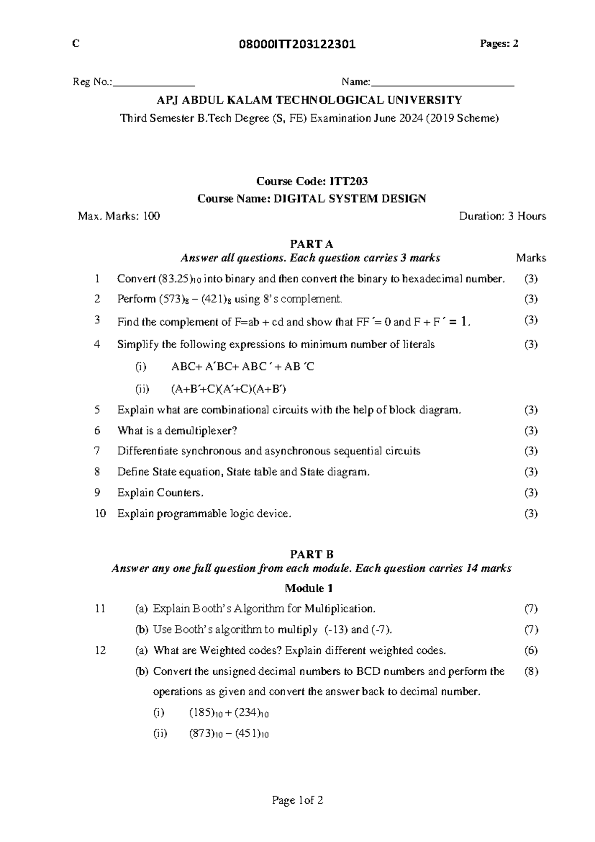 2024 June ITT203 Digital System Design Exam Paper (2019 Scheme) - Studocu