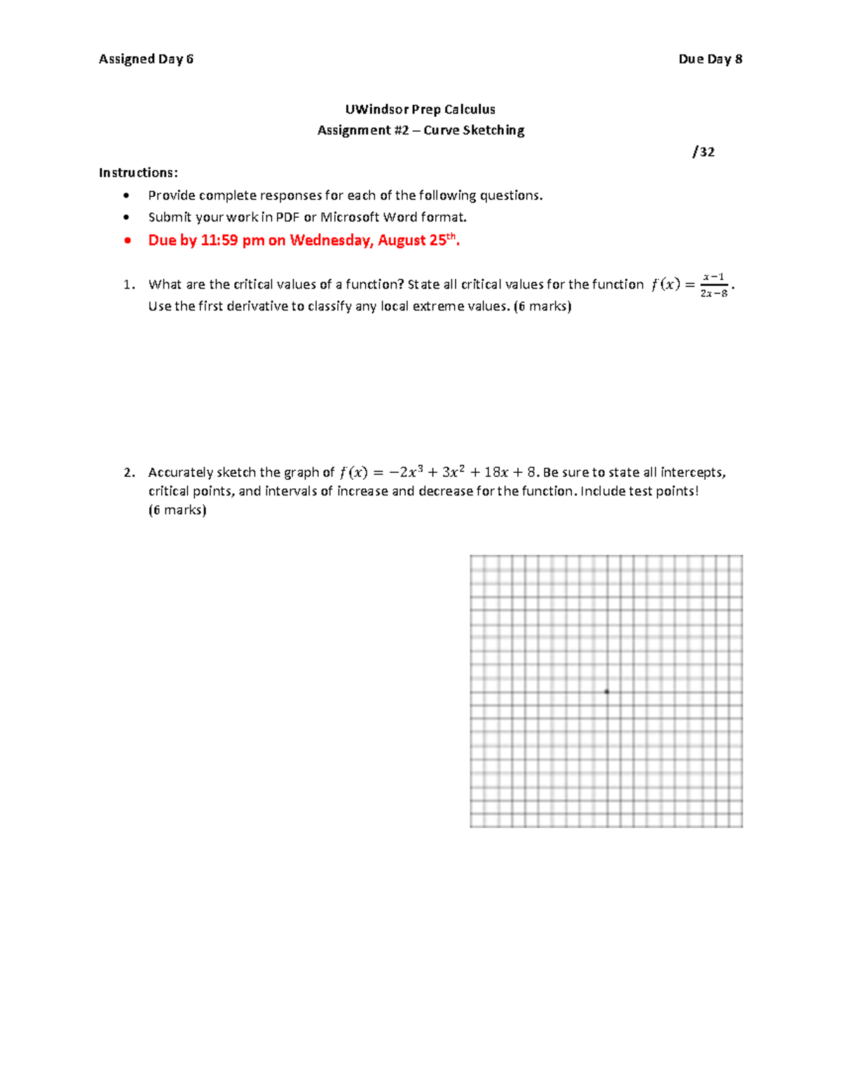 UWindsor Prep Calculus Assignment #2: Curve Sketching Guide - Studocu