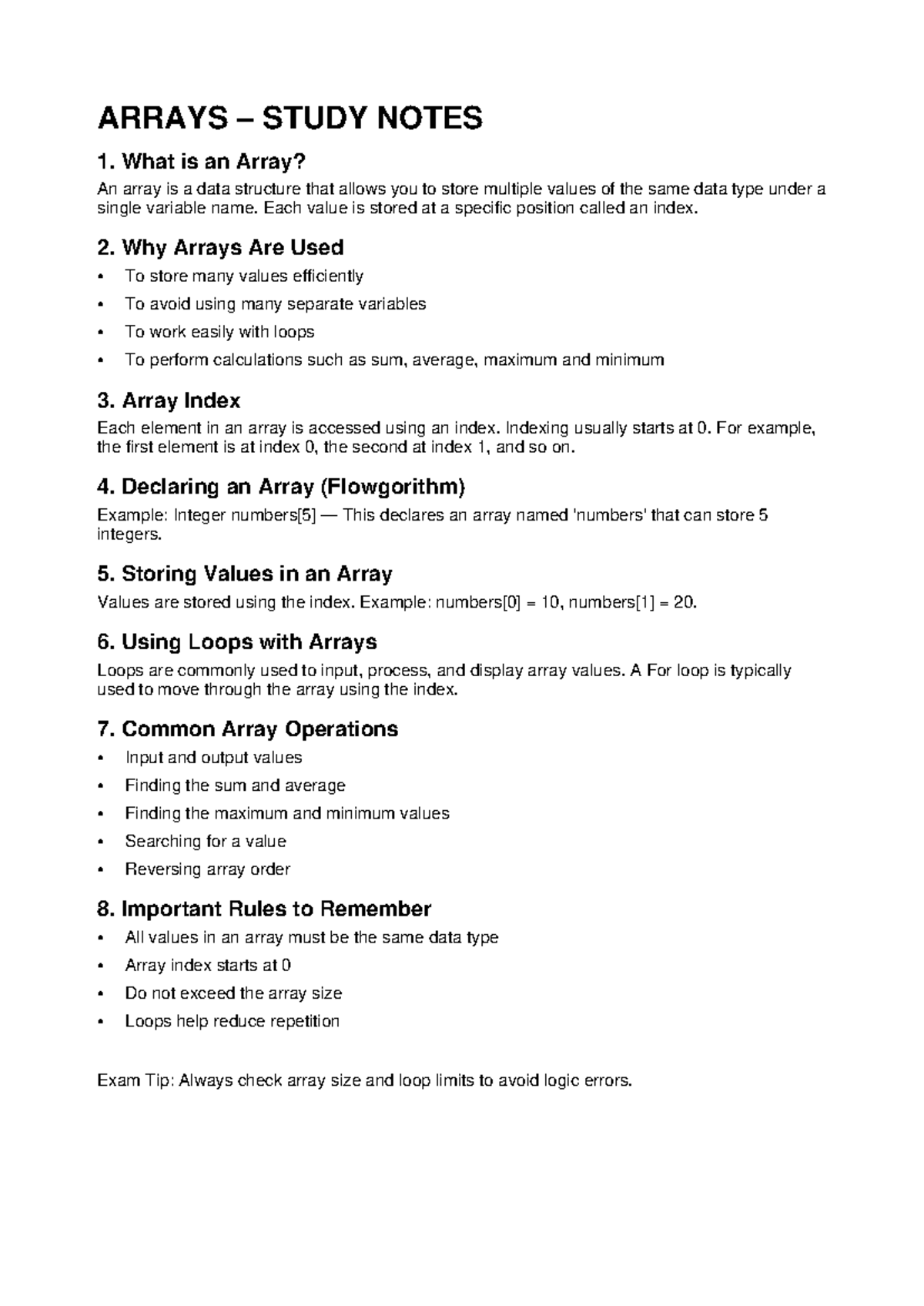 ARRAYS STUDY NOTES: Understanding Basics and Operations - Studocu