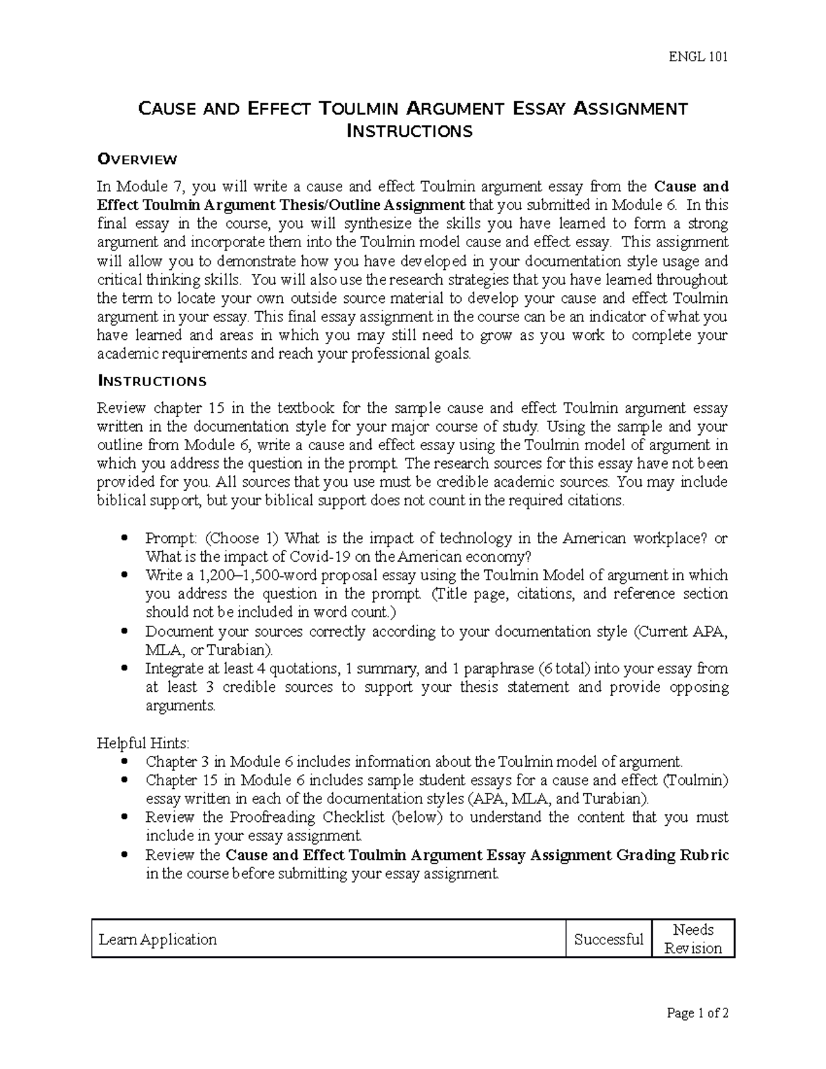 ENGL 101 Final Essay: Cause and Effect Toulmin Argument Assignment ...