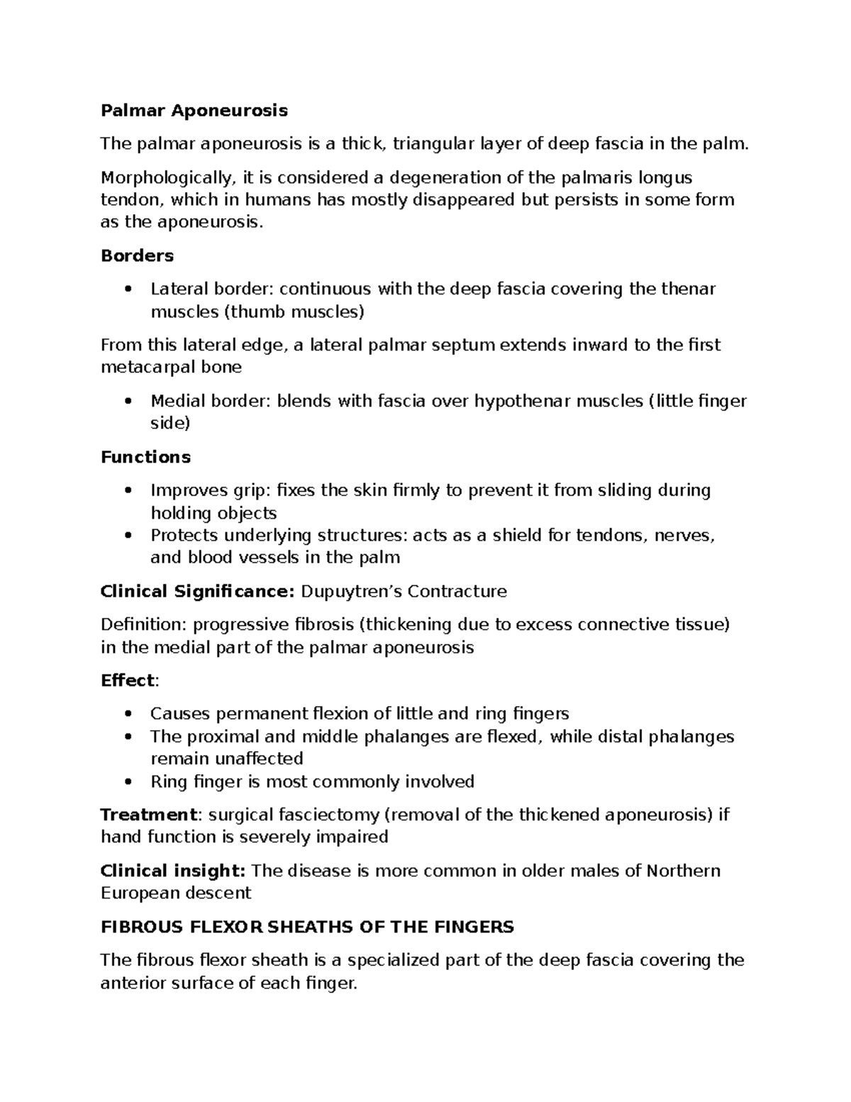 Palmar Aponeurosis and Fibrous Flexor Sheaths Overview - Studocu