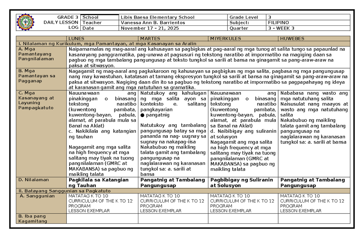 FIL-Q3W3 - Daily Lesson Log for Grade 3 Filipino - Studocu