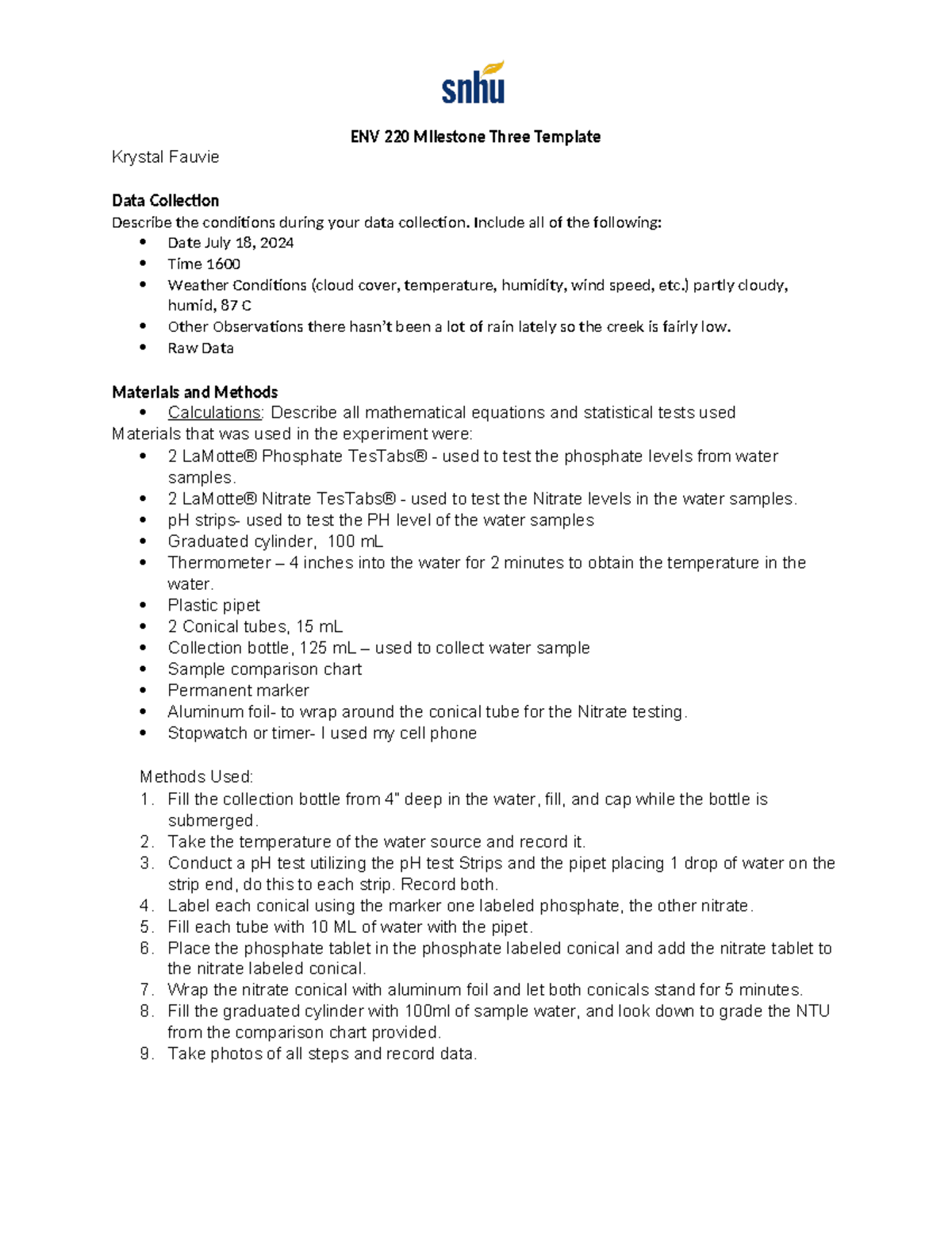 ENV 220 Milestone Three Data Collection and Analysis Guide - Studocu