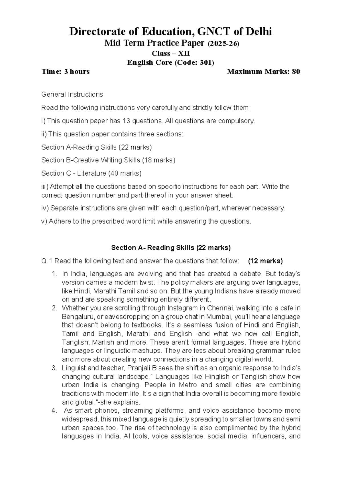 Mid Term Practice Paper for Class XII English Core (Code: 301) - Studocu