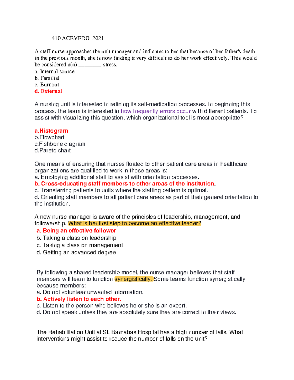 410 Nursing Leadership and Management Quizlet Notes - Studocu