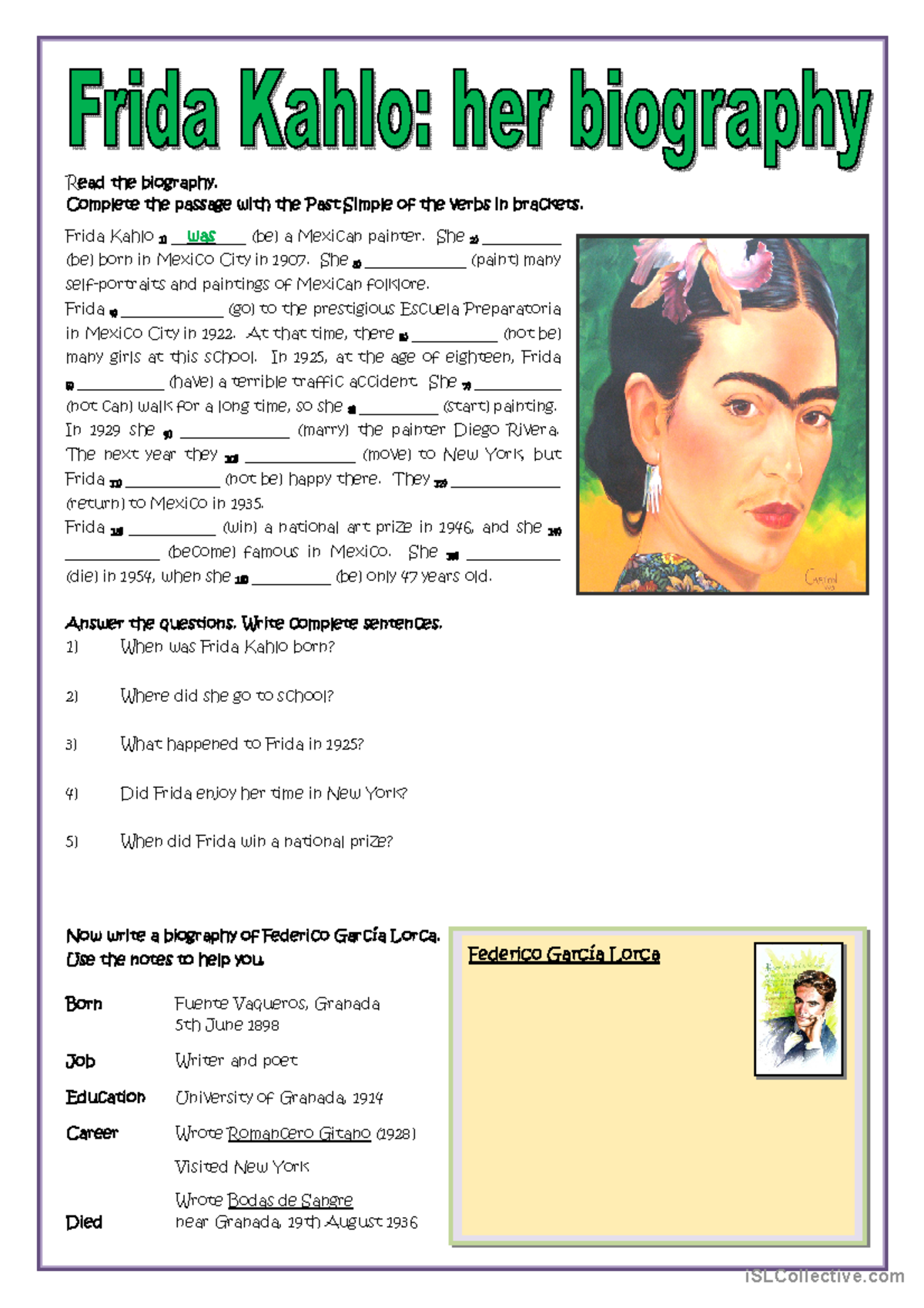 Frida Kahlo HER Biography & Exercises: Past Simple Practice - Studocu