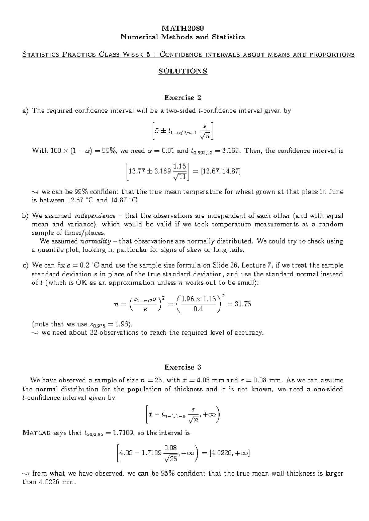 MATH 5 Solutions: Confidence Intervals & Numerical Methods - Studocu