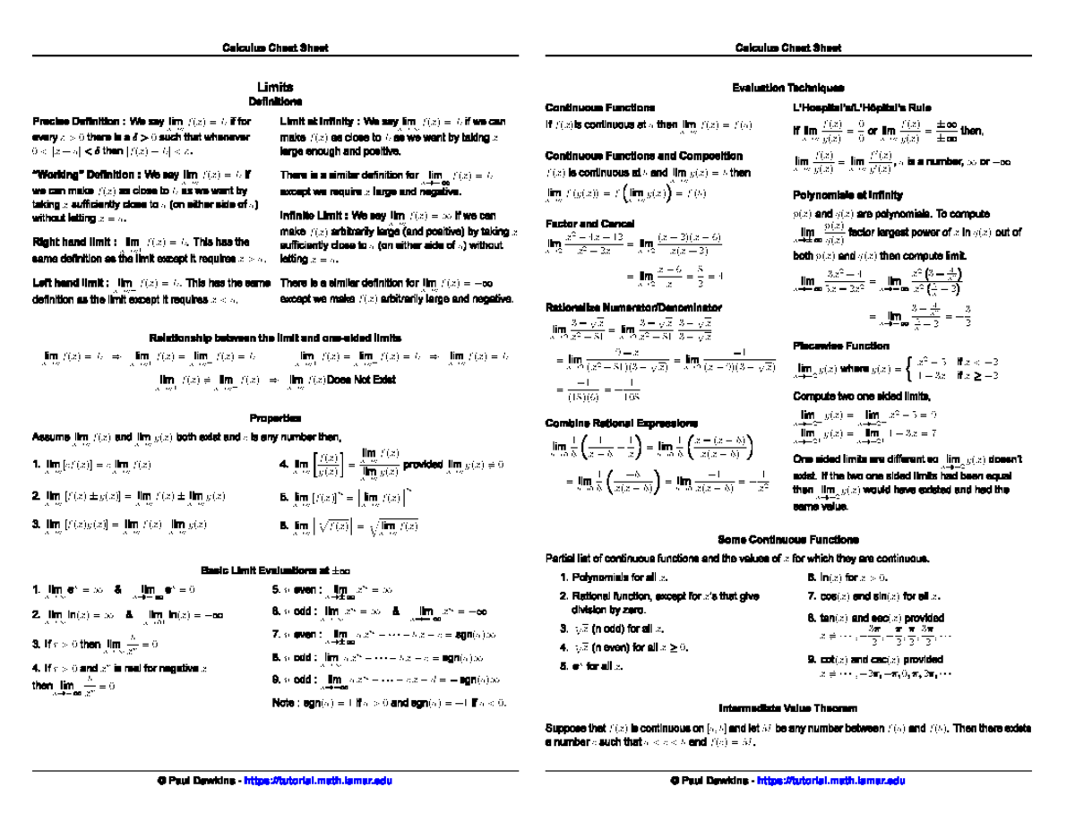 Calculus Cheat Sheet All Reduced - Calculus Cheat Sheet Calculus Cheat Sheet Limits Evaluation ...