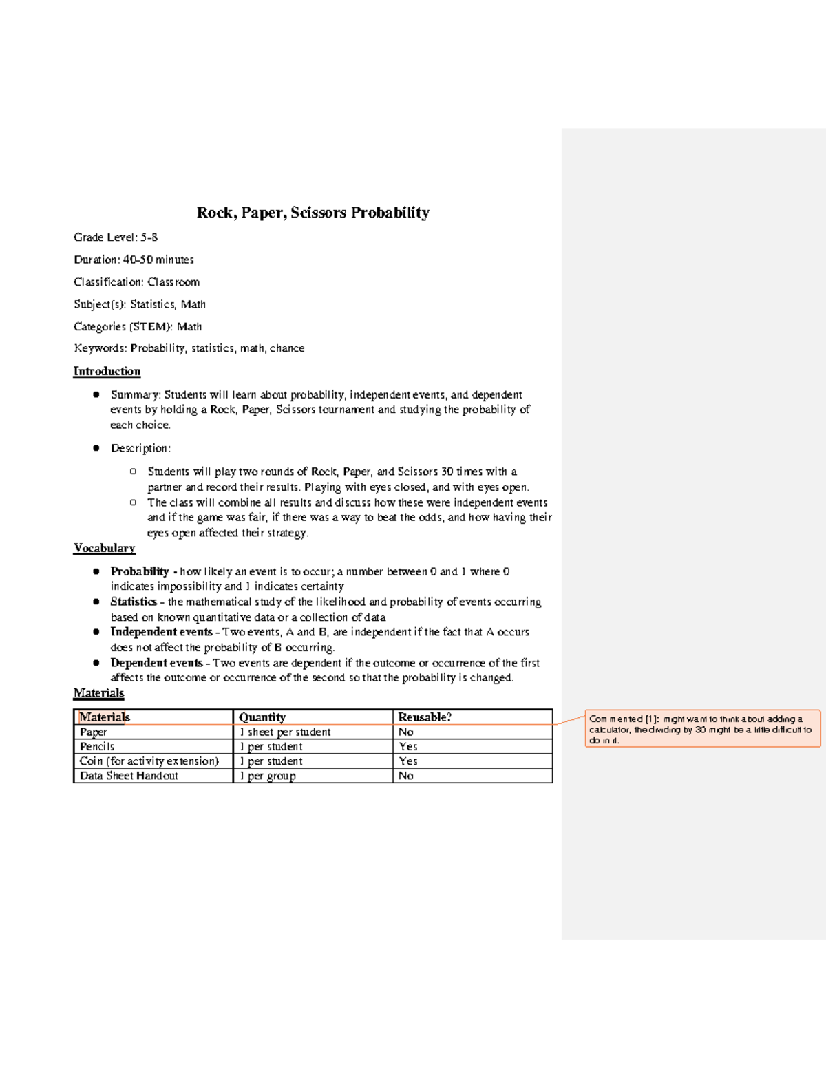 Probability Analysis of Rock, Paper, Scissors Activity for Grades 5-8 ...