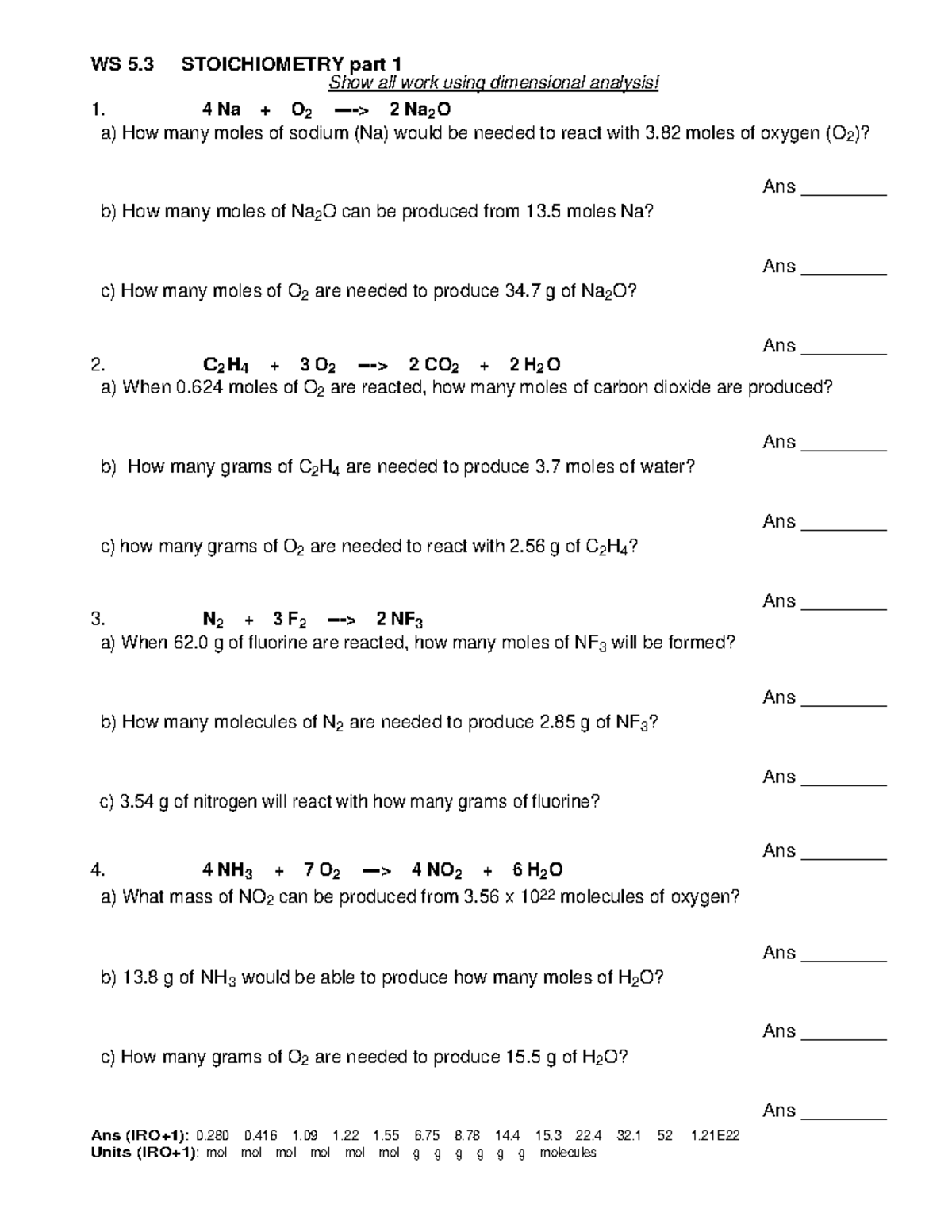 Stoichiometry Worksheet 2: Dimensional Analysis Practice for Moles ...