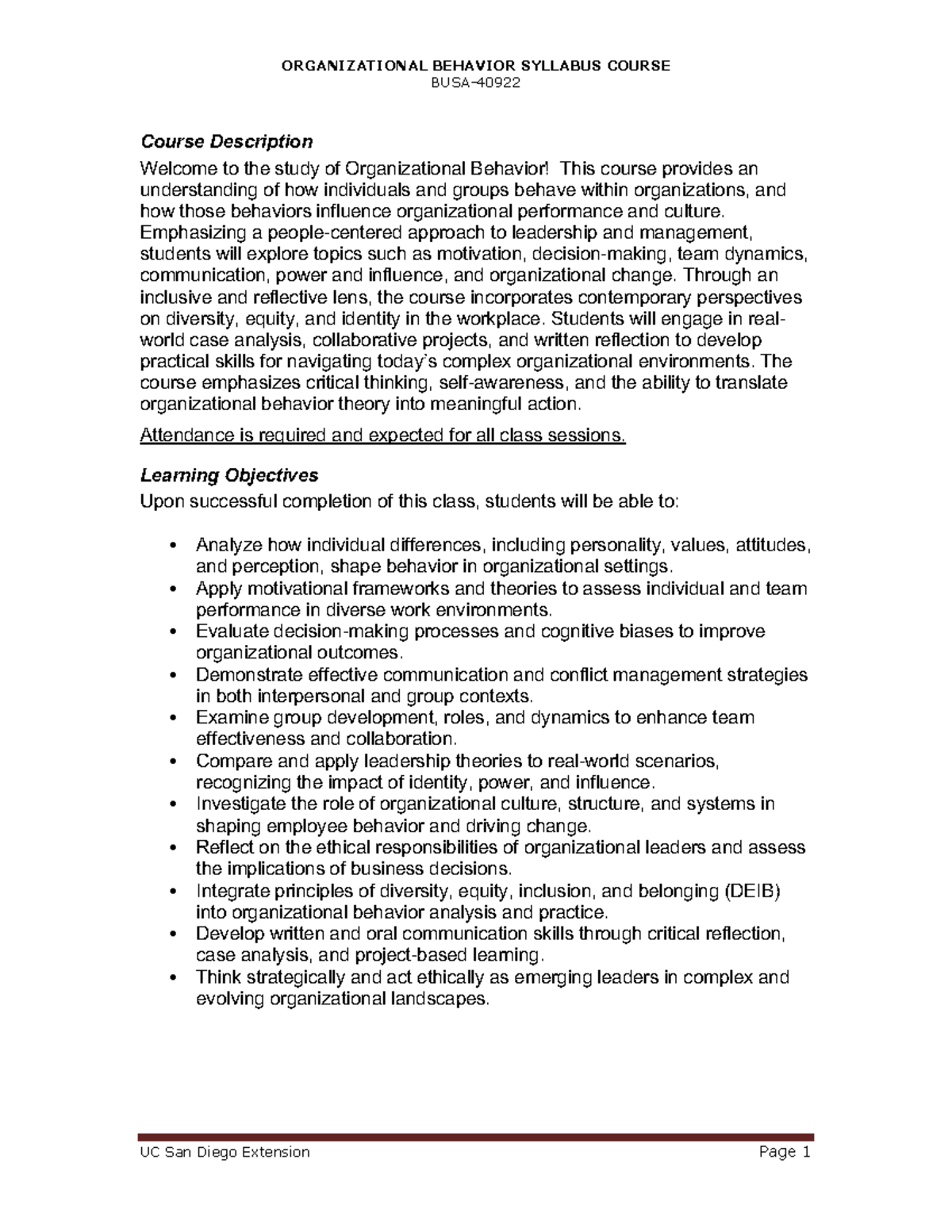 UCSD Organizational Behavior Syllabus: Course Overview & Objectives ...