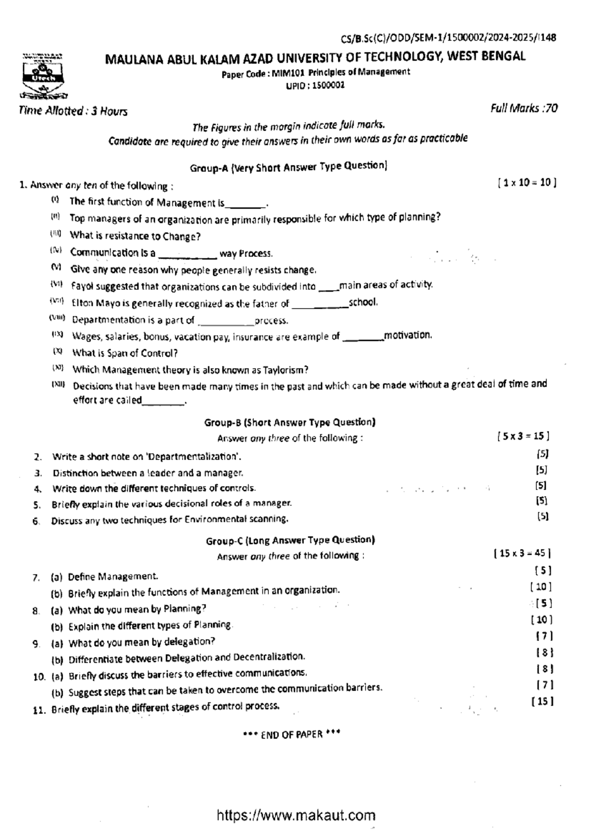 BSc 1st Sem Principles of Management MIM101 Exam Paper 2025 - Studocu