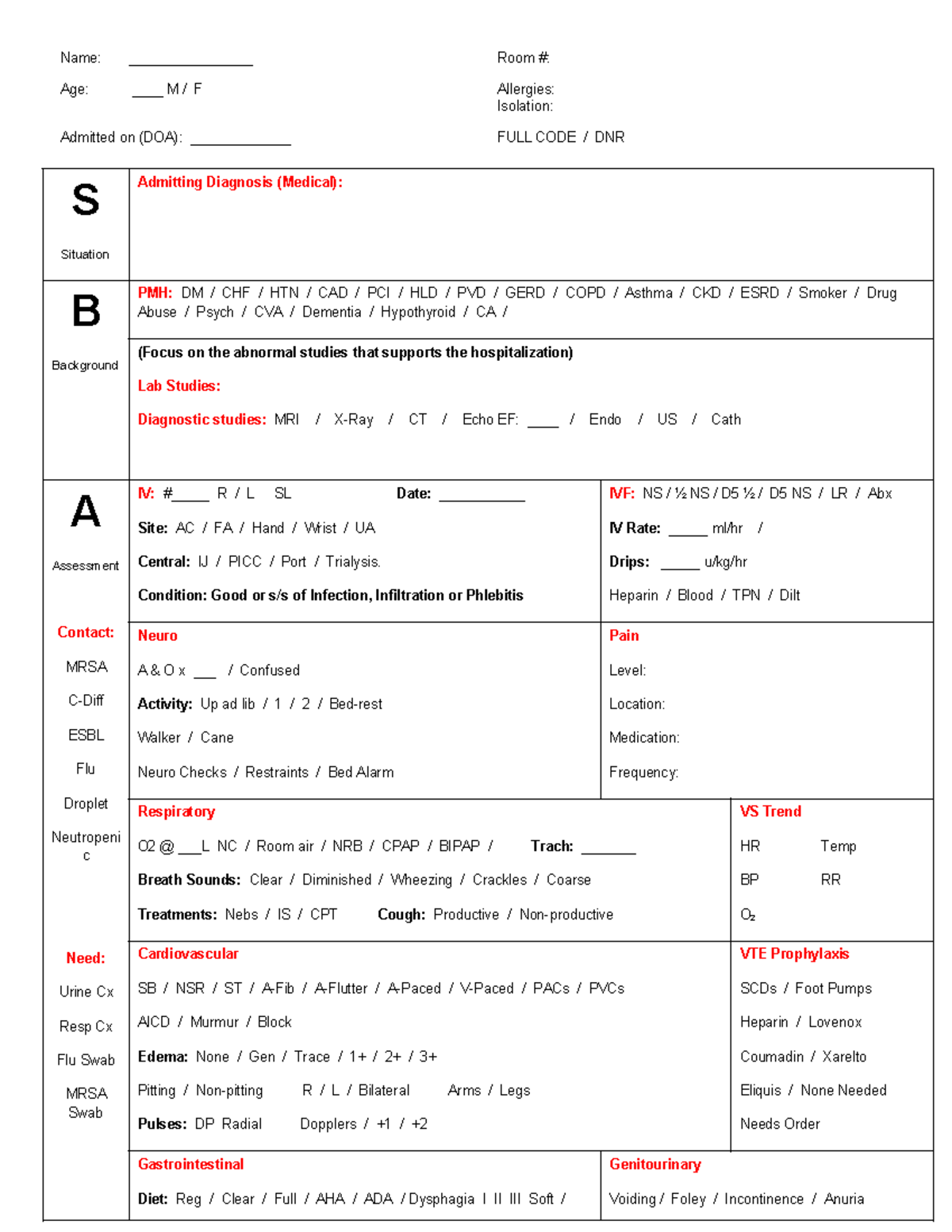 SBAR Shift Report Template for Patient Admission and Care - Studocu