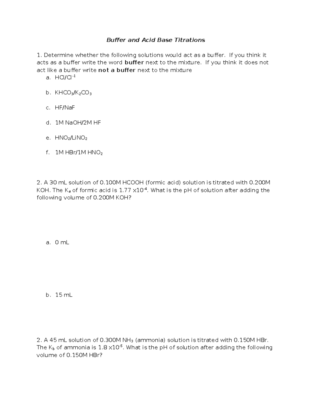 Buffers and Titration Calculations - Buffer and Acid Base Titrations Determine whether the ...