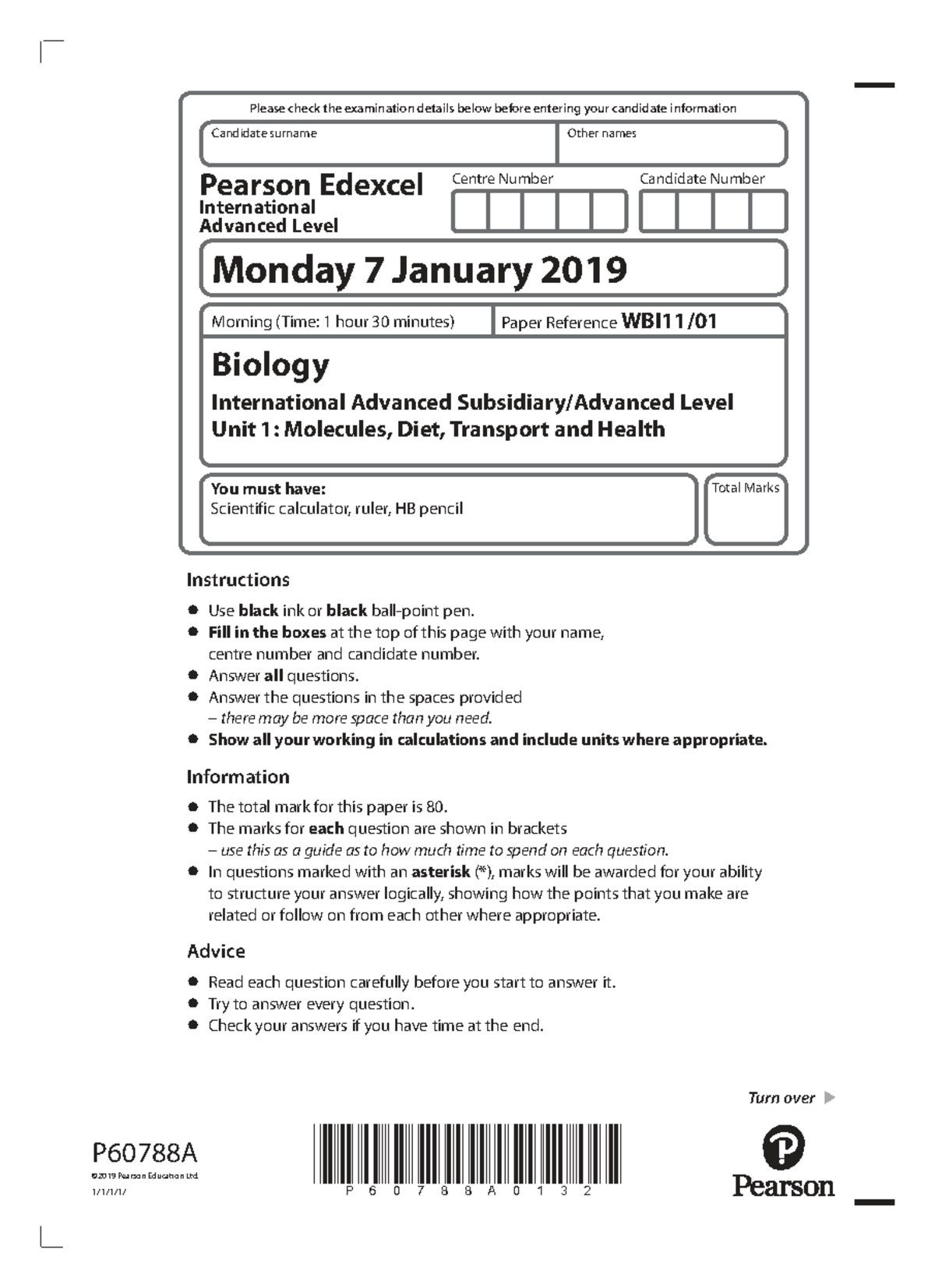 Biology IAL Unit 1: Molecules, Diet, Transport & Health Exam Paper ...