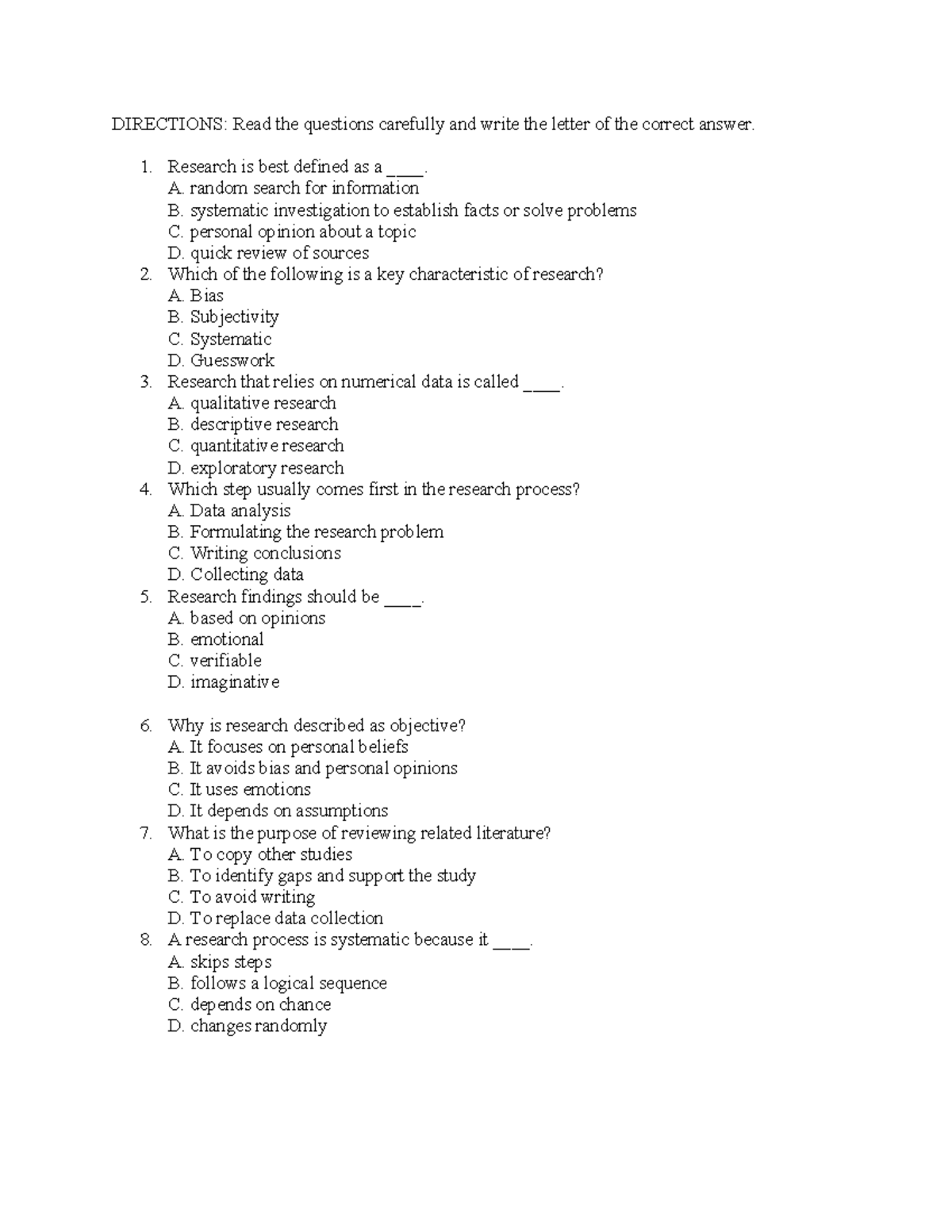 PR1. First Long Quiz - Research Fundamentals and Key Concepts - Studocu