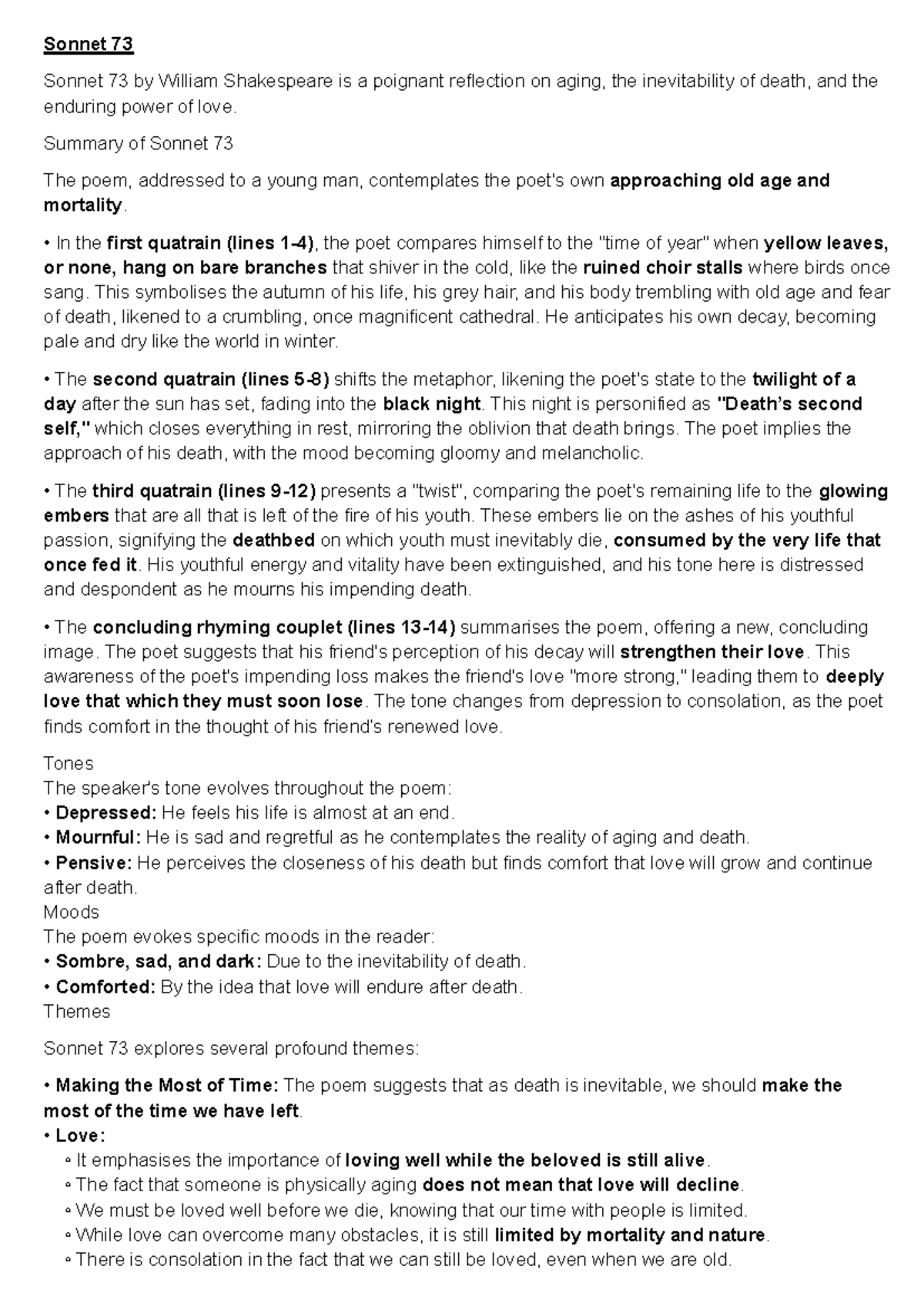 Sonnet 73 Study Notes: Aging, Love, and Mortality Analysis - Studocu