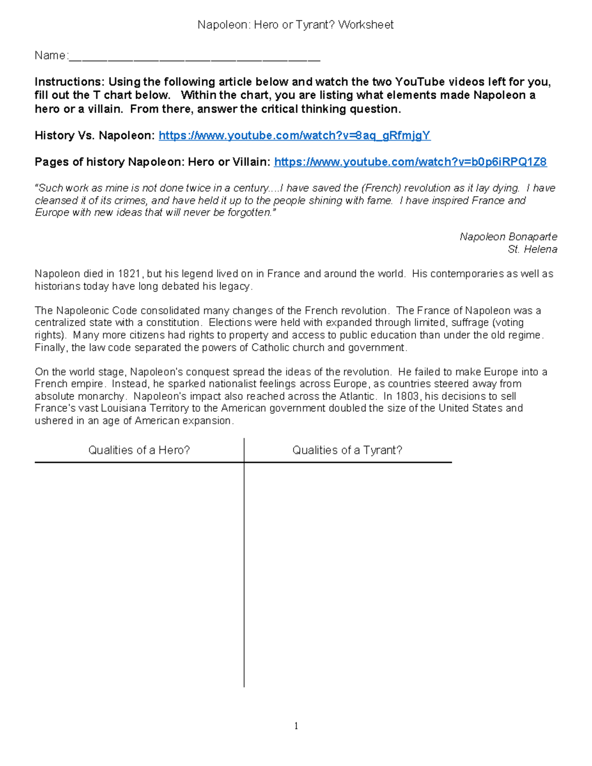 Napoleon Bonaparte: Hero or Tyrant? A Critical Worksheet Analysis - Studocu