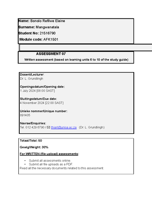 Assessment 6: AFK1505 - AFK 1505 Assessment 6 - 891394 Department of ...