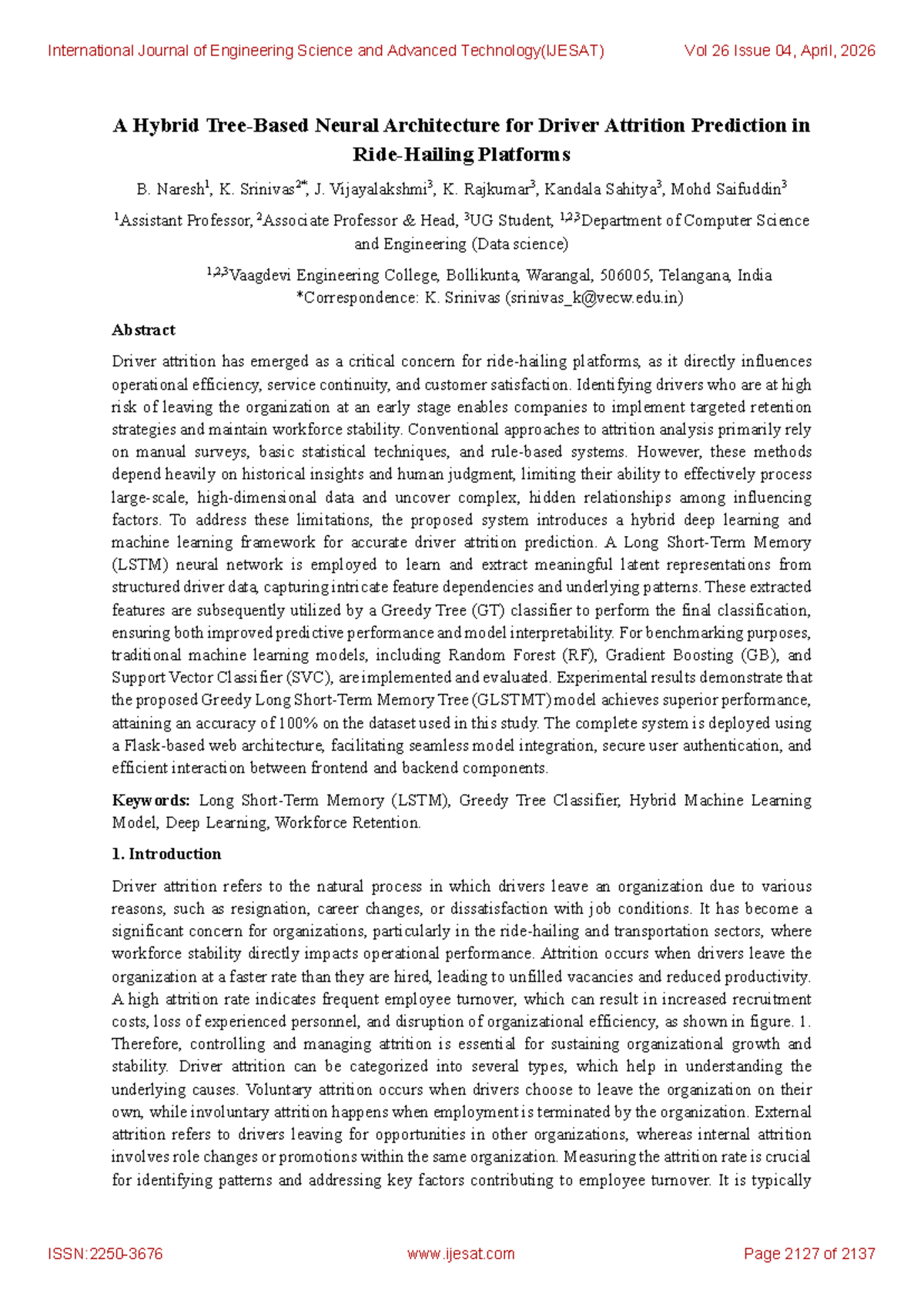 A Hybrid Deep Learning Approach for Driver Attrition Prediction (IJESAT ...