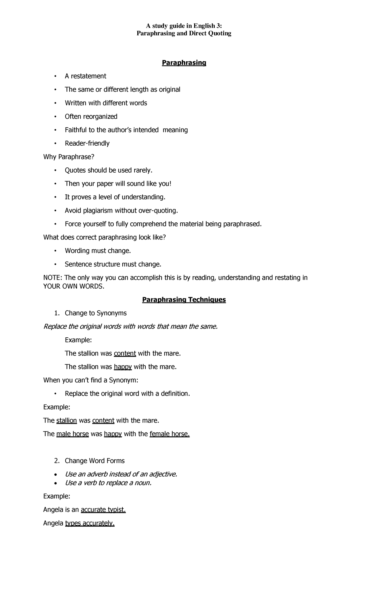 Paraphrasing Direct Quoting Study Guide - A study guide in English 3 ...