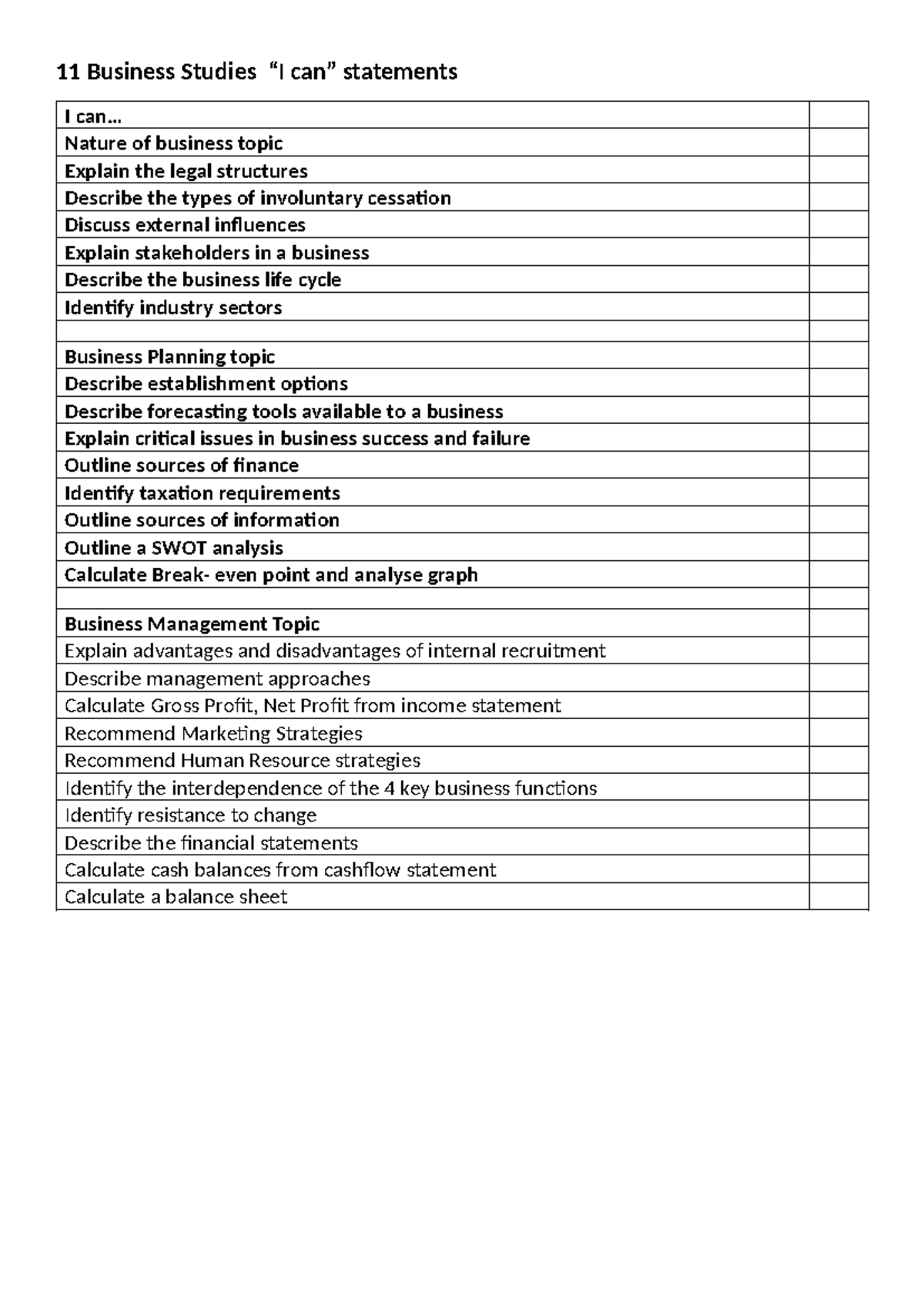 11 Business Studies Prelim I can statements-1 - 11 Business Studies “I ...