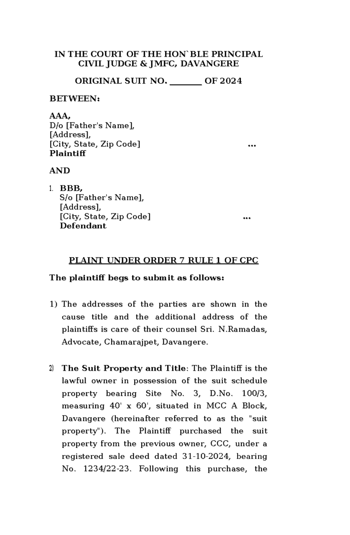Injunction suit format for Law Students Nov 2024 - IN THE COURT OF THE ...
