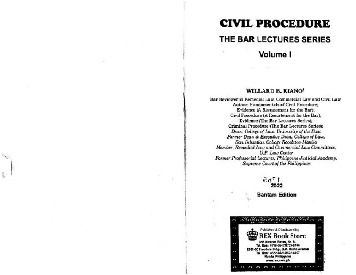 CIVIL PROCEDURE THE BAR LECTURES SERIES Volume II - Riano 2022 Edition ...