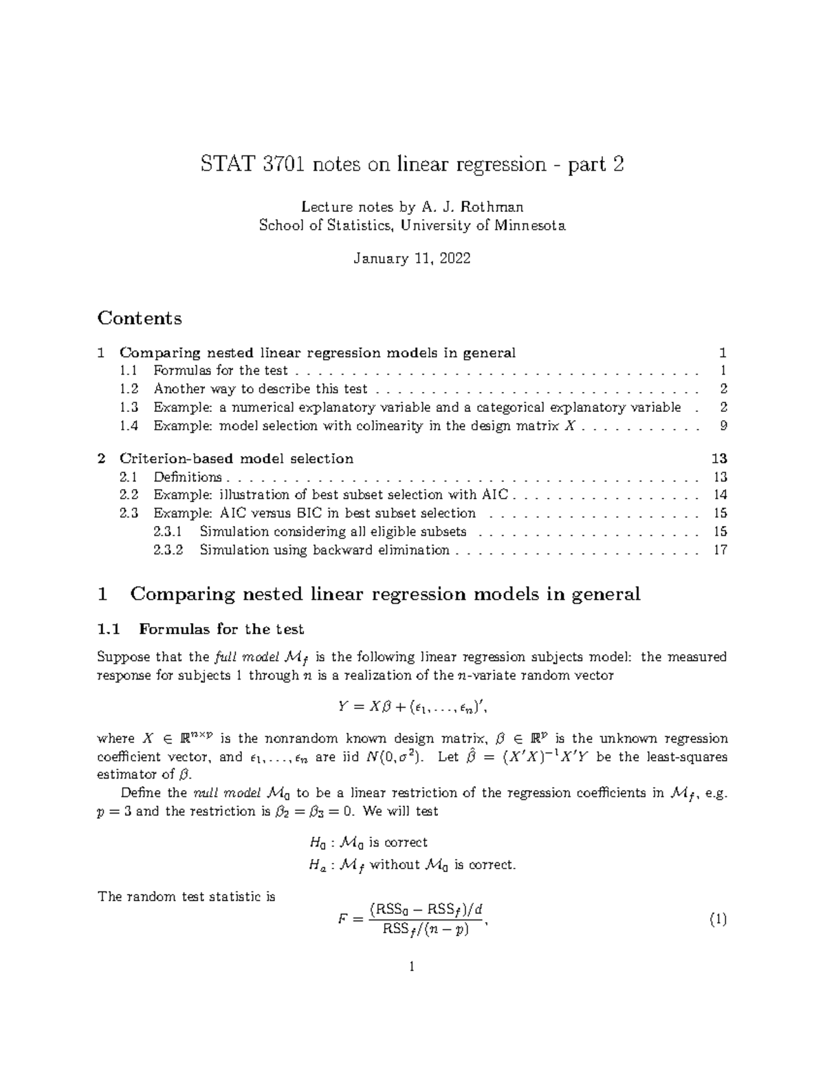 STAT 3701 Lecture Notes: Linear Regression Models & Criteria for Model ...