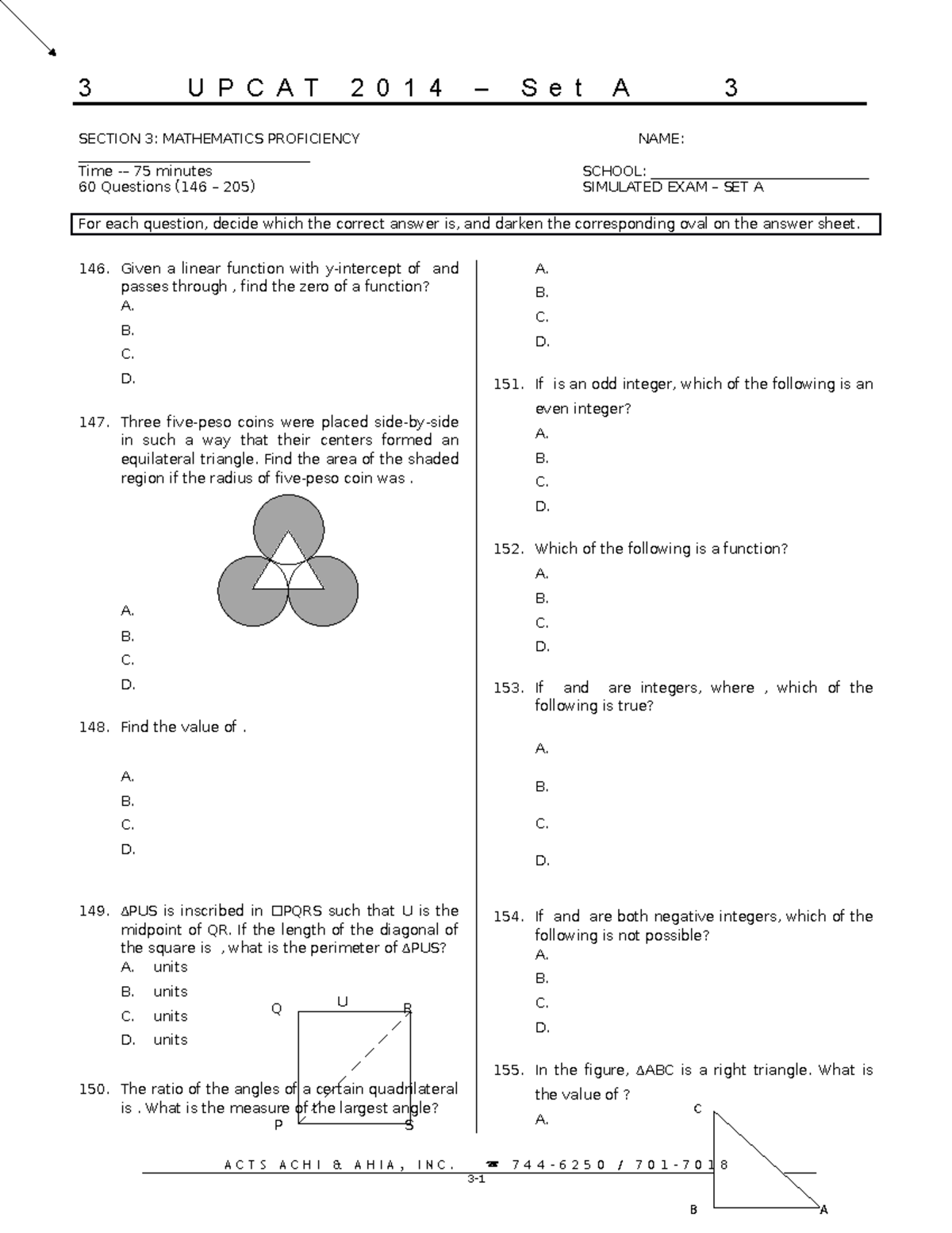 1OA UPCAT 2014 Simulated Math Proficiency Exam Set A - Section 3 - Studocu