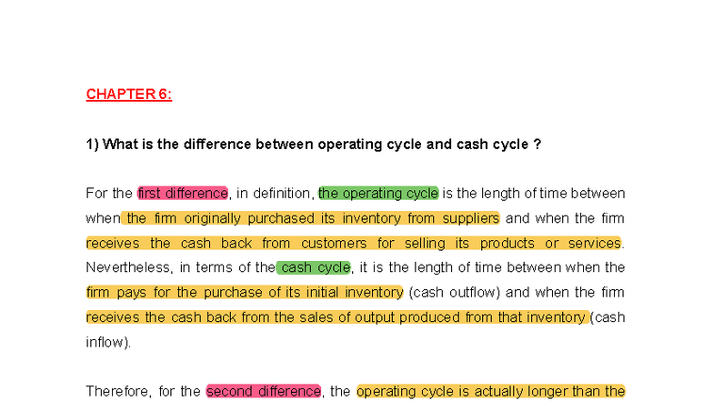 FE 6-23 Revision: Operating Cycle vs Cash Cycle & Working Capital ...