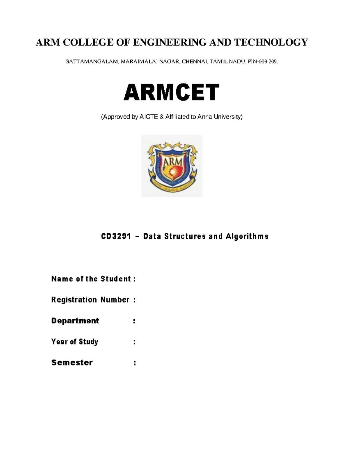 Final COPY CD3291 Data Structures and Algorithms Lab Manual - Studocu