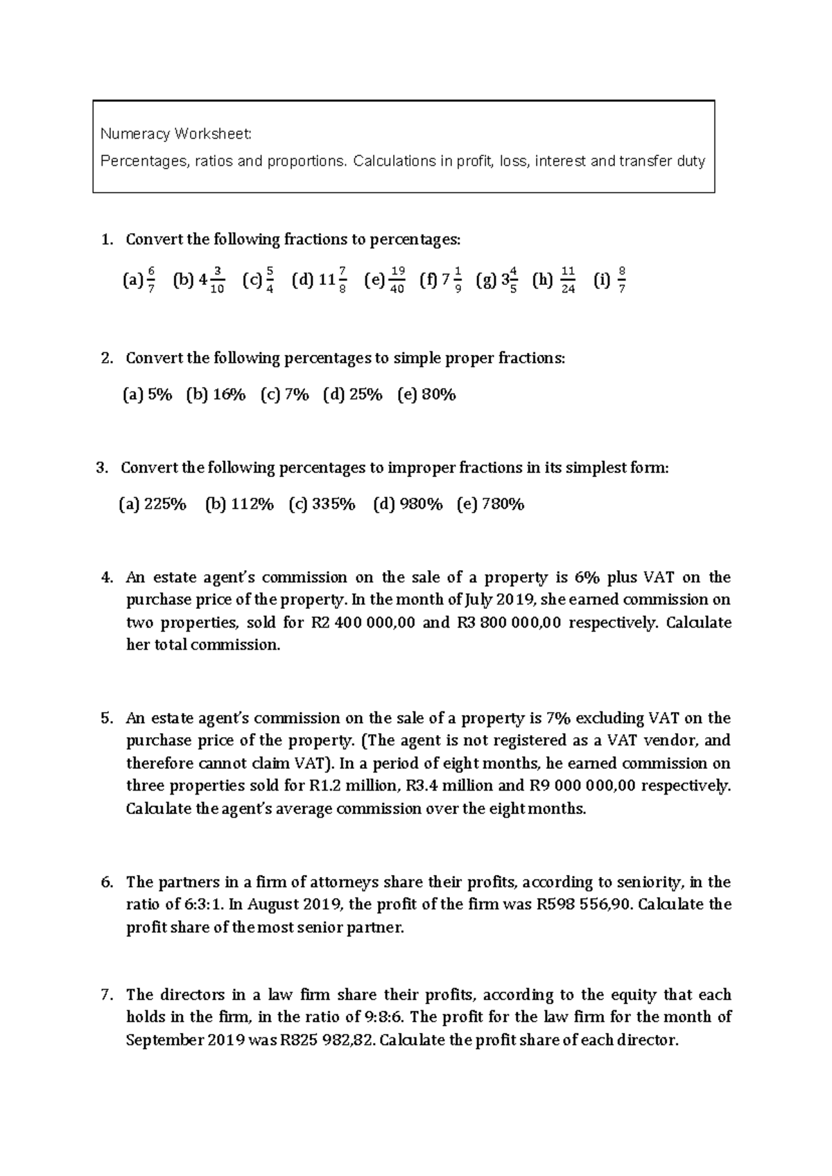 Numeracy Worksheet: Percentages, Ratios & Proportions Calculations 2019 ...