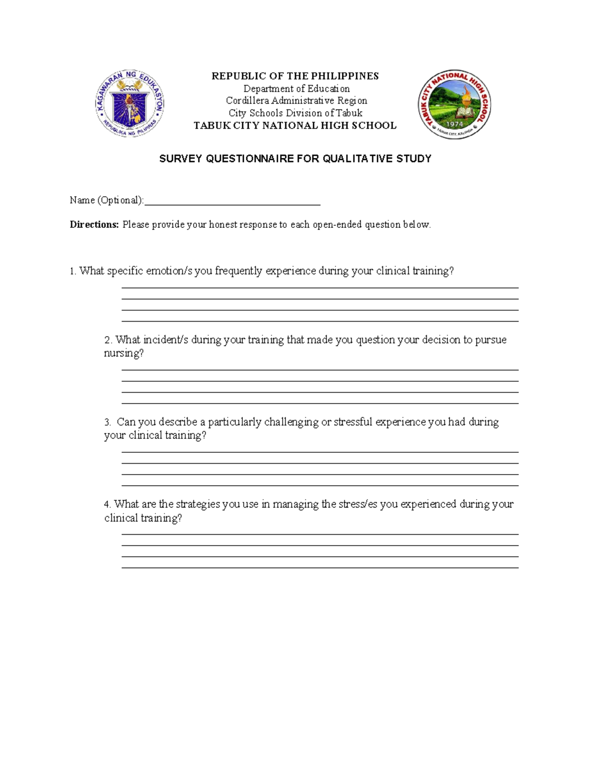 Survey-questionnaire - REPUBLIC OF THE PHILIPPINES Department of ...