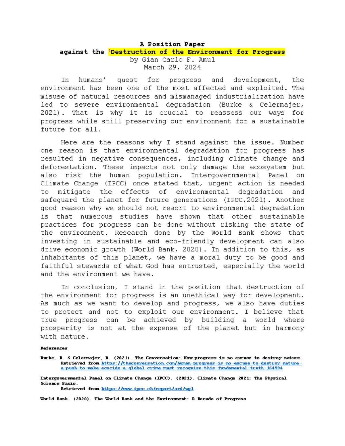 Position Paper: Against Environmental Destruction for Progress - Studocu