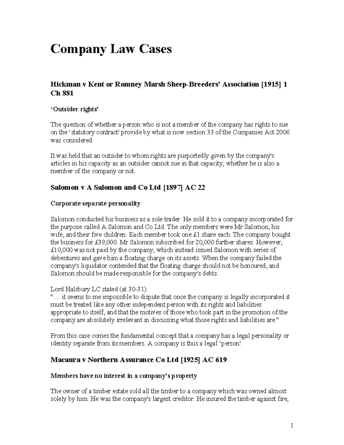 Company Law Cases: Key Judgments and Principles - Studocu