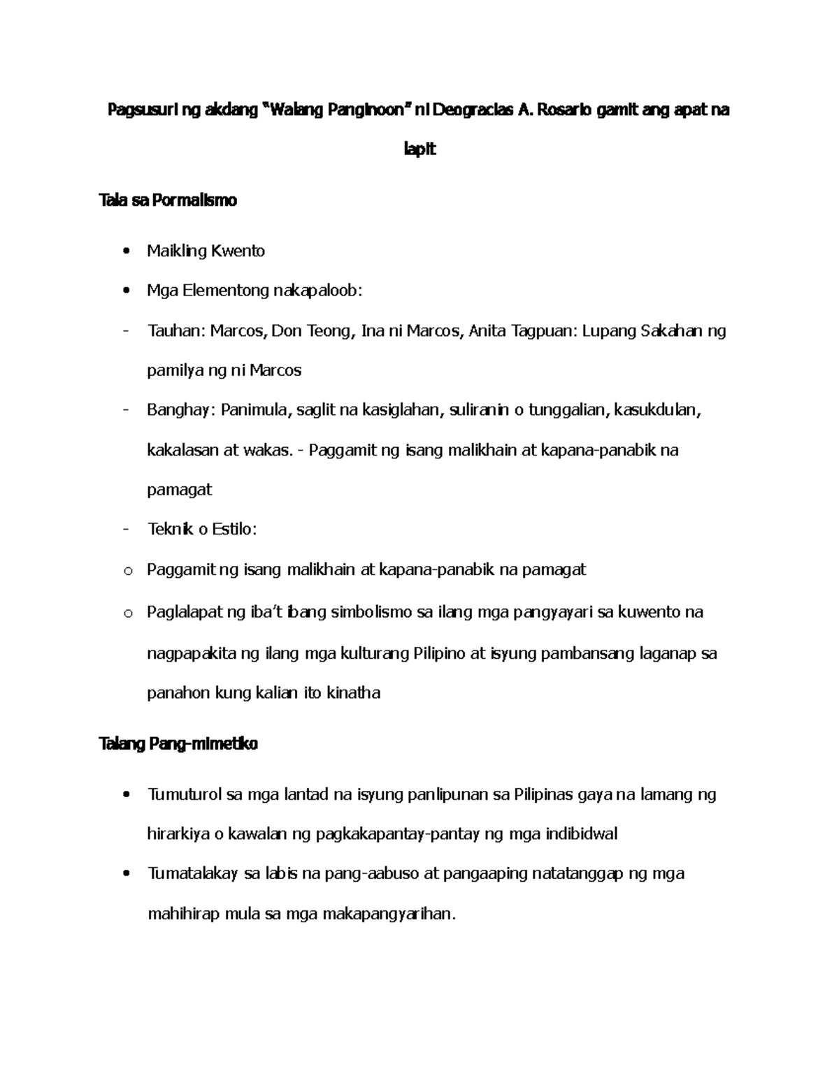 Pagsusuri sa "Walang Panginoon" ni Deogracias A. Rosario: 4 Lapit - Studocu