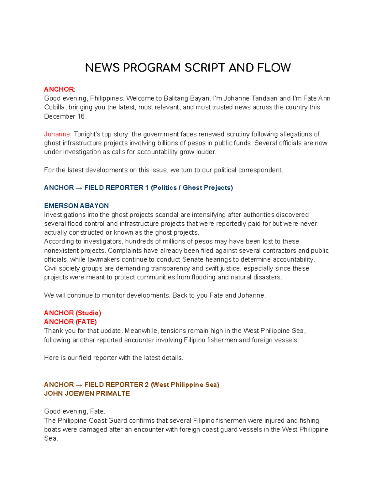 NEWS Program Script: Balitang Bayan - December 16 Broadcast - Studocu