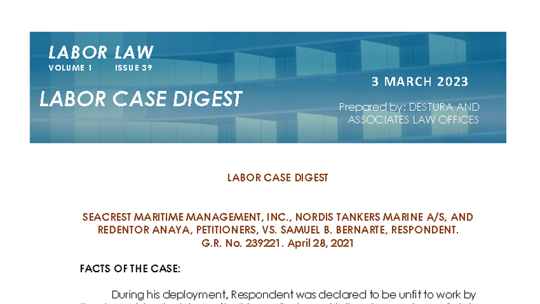 LABOR LAW CASE DIGEST V1 I39 MARCH 3 2023 - DESTURA & ASSOC. - Studocu