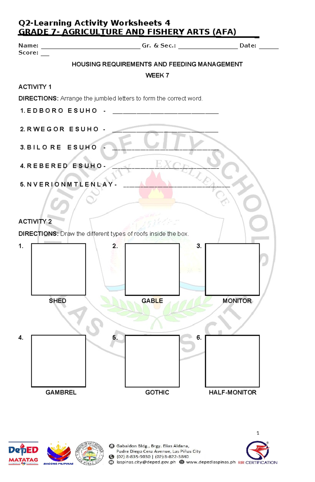 TLE AFA Q2LAW4 Week 7 Activity Worksheets on Housing & Feeding Management - Studocu
