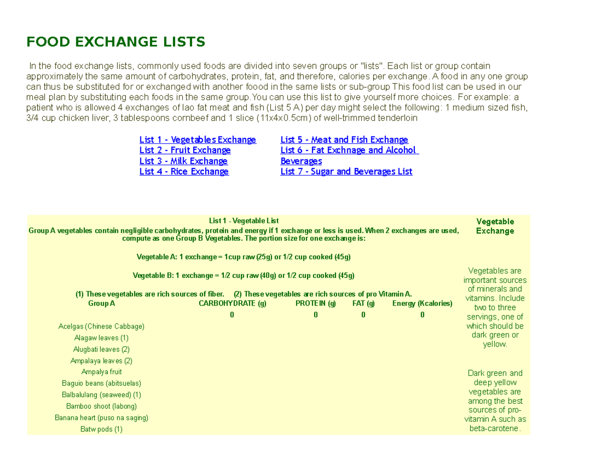 FOOD Exchange Lists Overview and Applications (2011 Edition) - Studocu