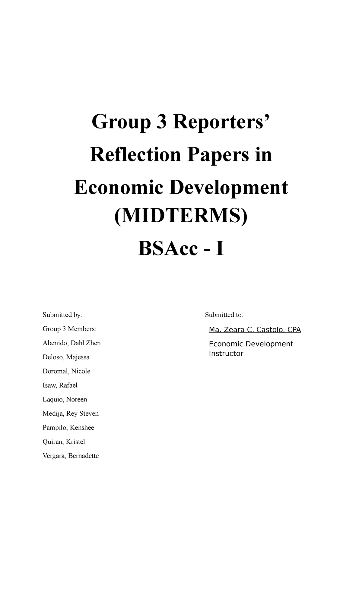ECON Group 3 Reflection Papers V - Group 3 Reporters’ Reflection Papers ...