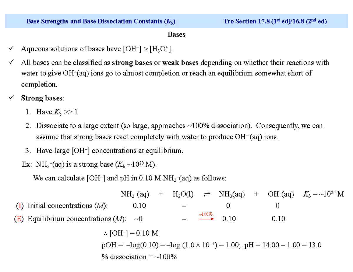 Base Strengths and Base Dissociation Constants (Kb) - Tro 17.8 Notes ...