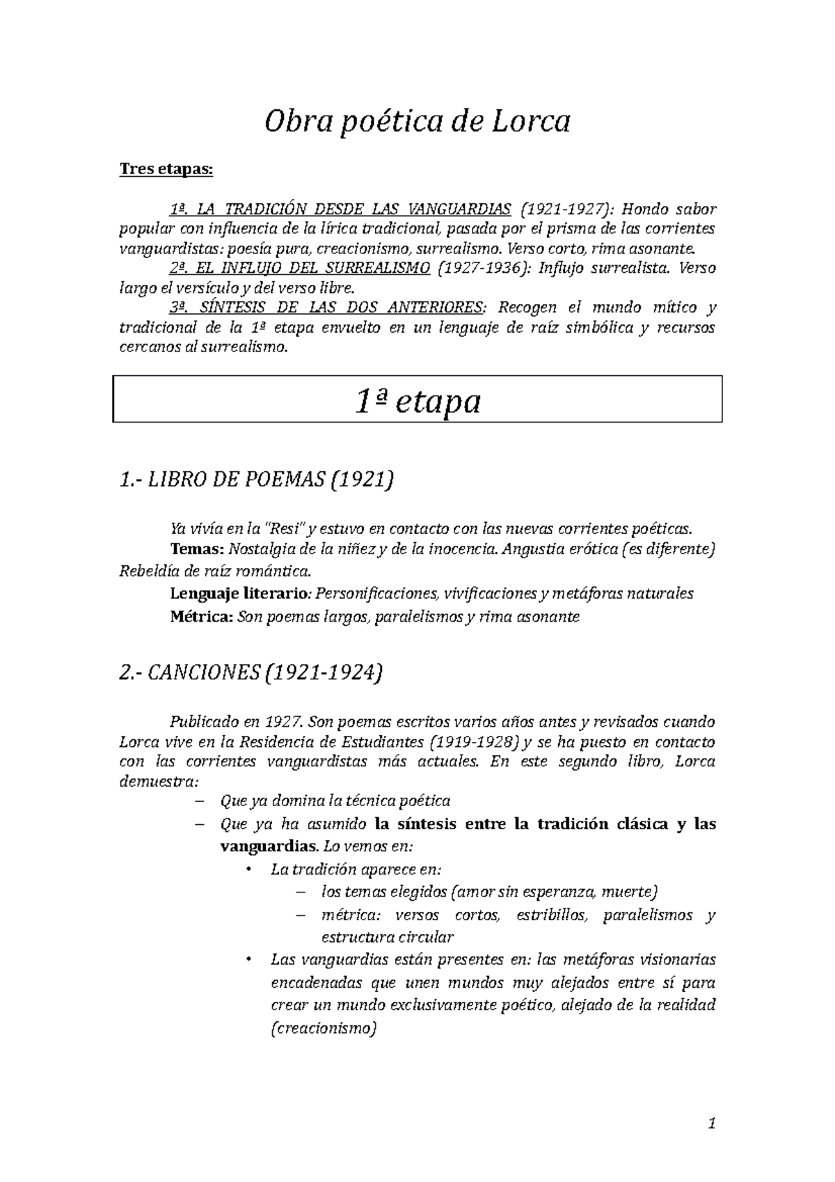 Esquema poemarios de Lorca - Obra poética de Lorca Tres etapas: 1ª. LA ...
