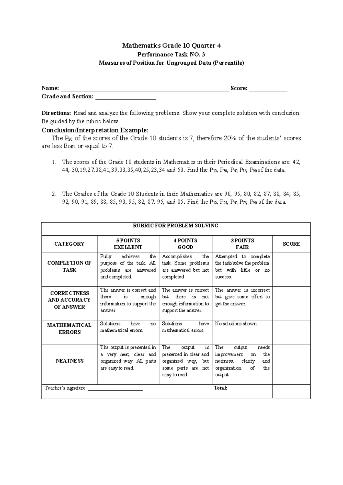 G10 Math Performance Task 3: Measures of Position (Percentiles) - Studocu