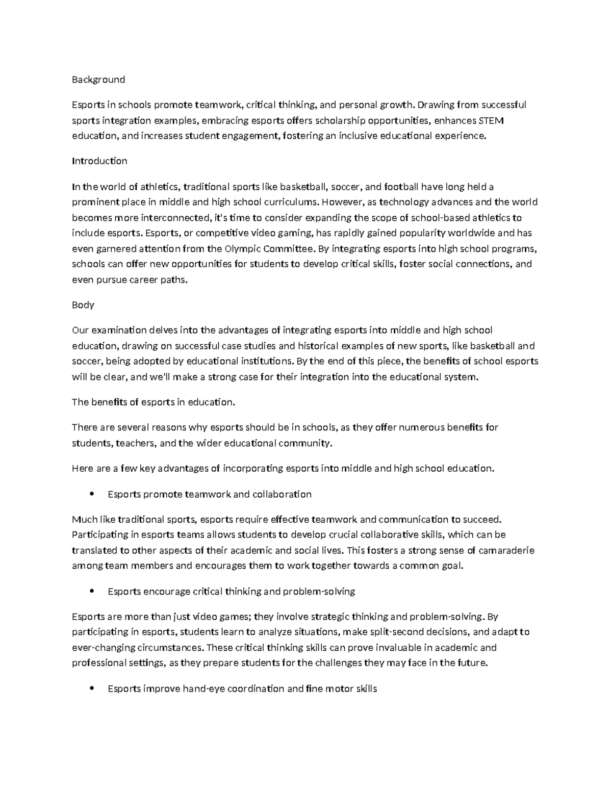 Esports in Schools: Enhancing Teamwork & Critical Thinking Skills - Studocu