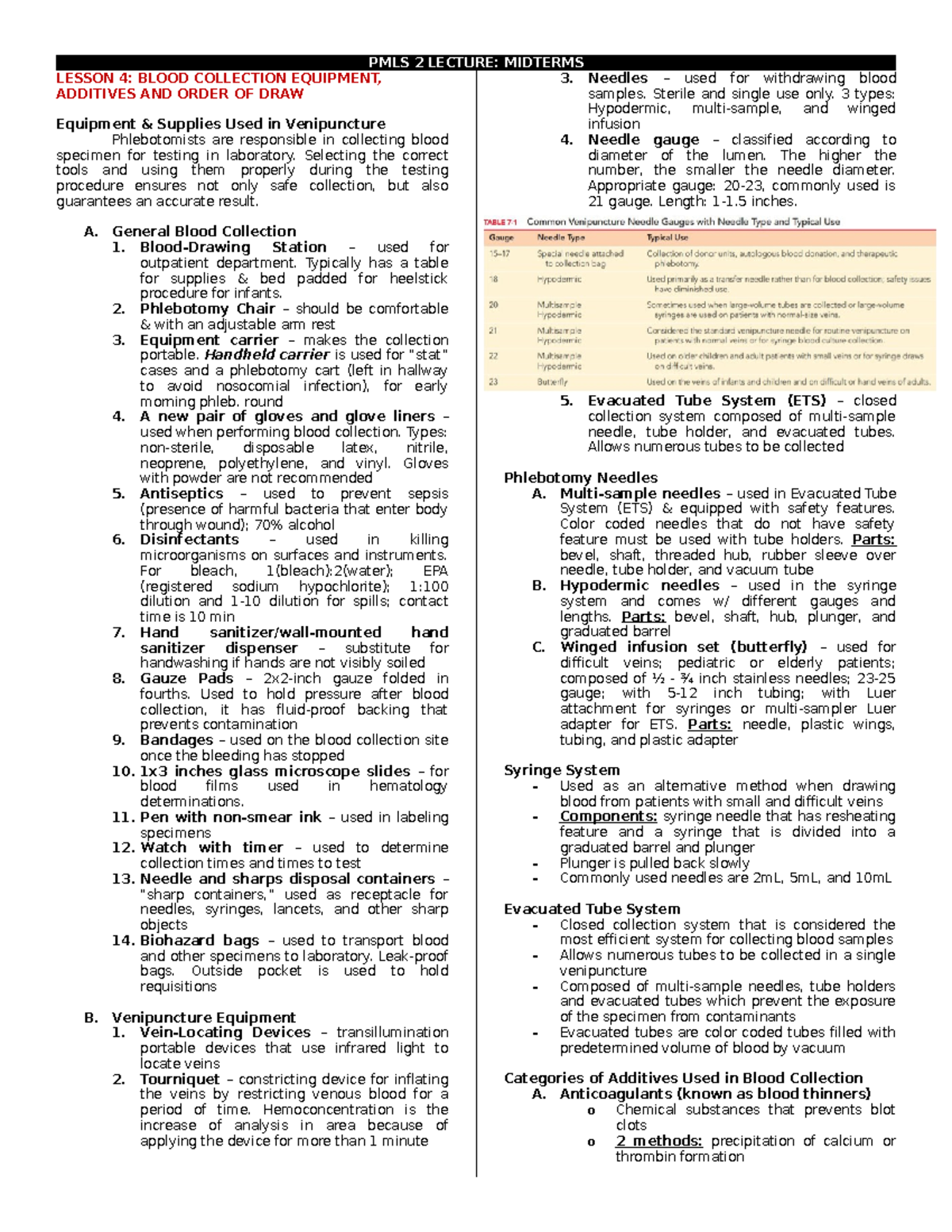 PMLS 2 Midterms Reviewer: Blood Collection & Venipuncture Techniques ...