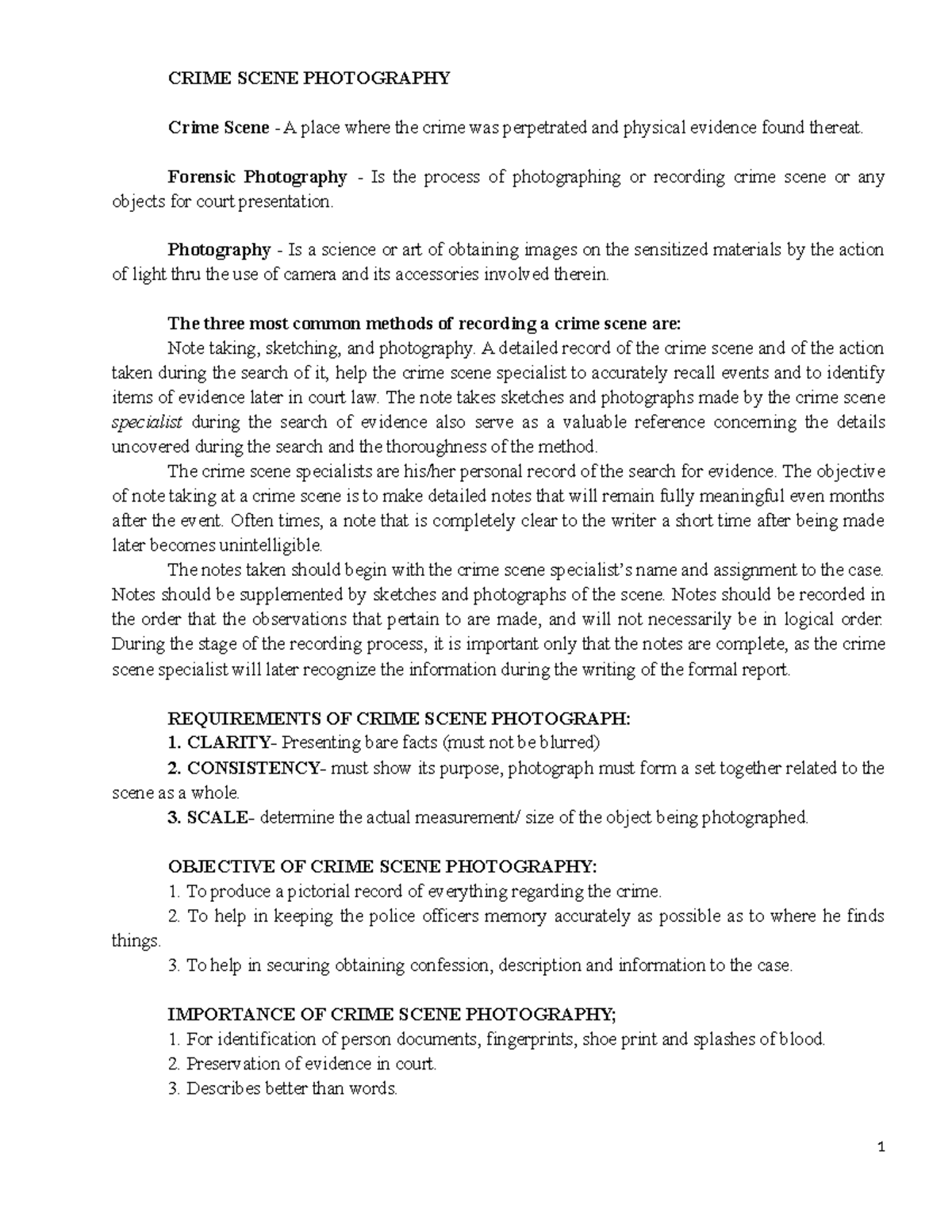 Crime Scene Photography: Final Topic Overview (Course Code: CSP101 ...