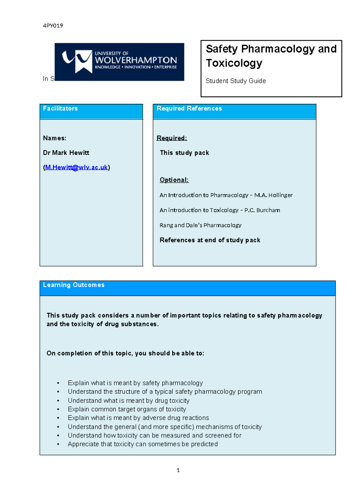 4PY019 Safety Pharmacol. Toxicol Study Pack - In S Facilitators ...